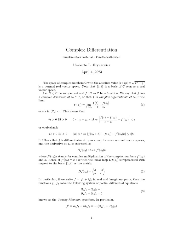 Complex Differentiation: Umberto L. Hryniewicz April 4, 2023 | PDF | Holomorphic Function ...