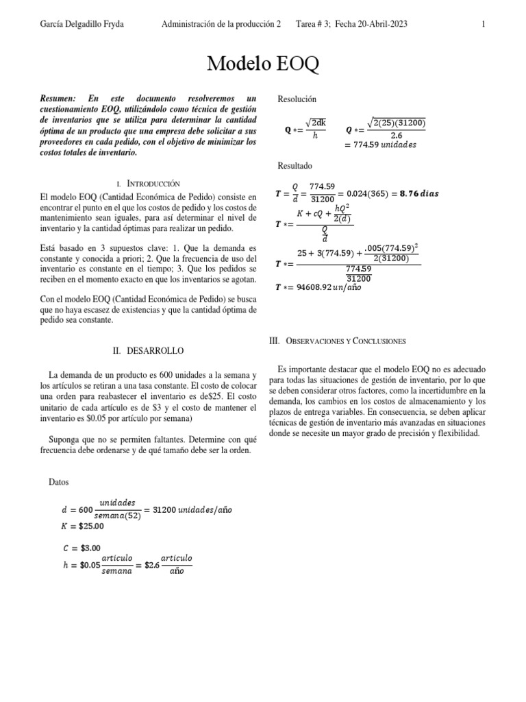 Modelo EOQ Ejercicio | PDF | Inventario | Business