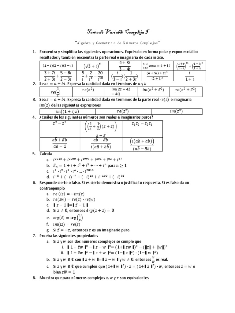 Tarea de Variable Compleja I: Algebra y Geometría de Números Complejos | PDF | Número complejo ...