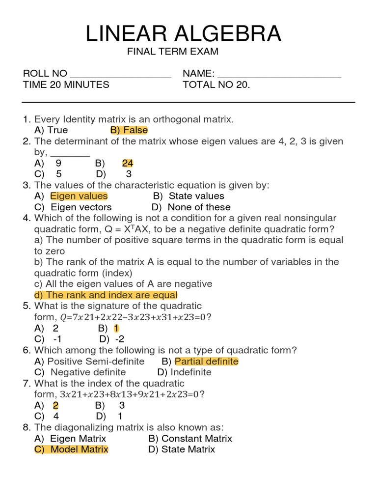 LINEAR ALGEBRA MCQ's | PDF | Eigenvalues And Eigenvectors | Matrix (Mathematics)