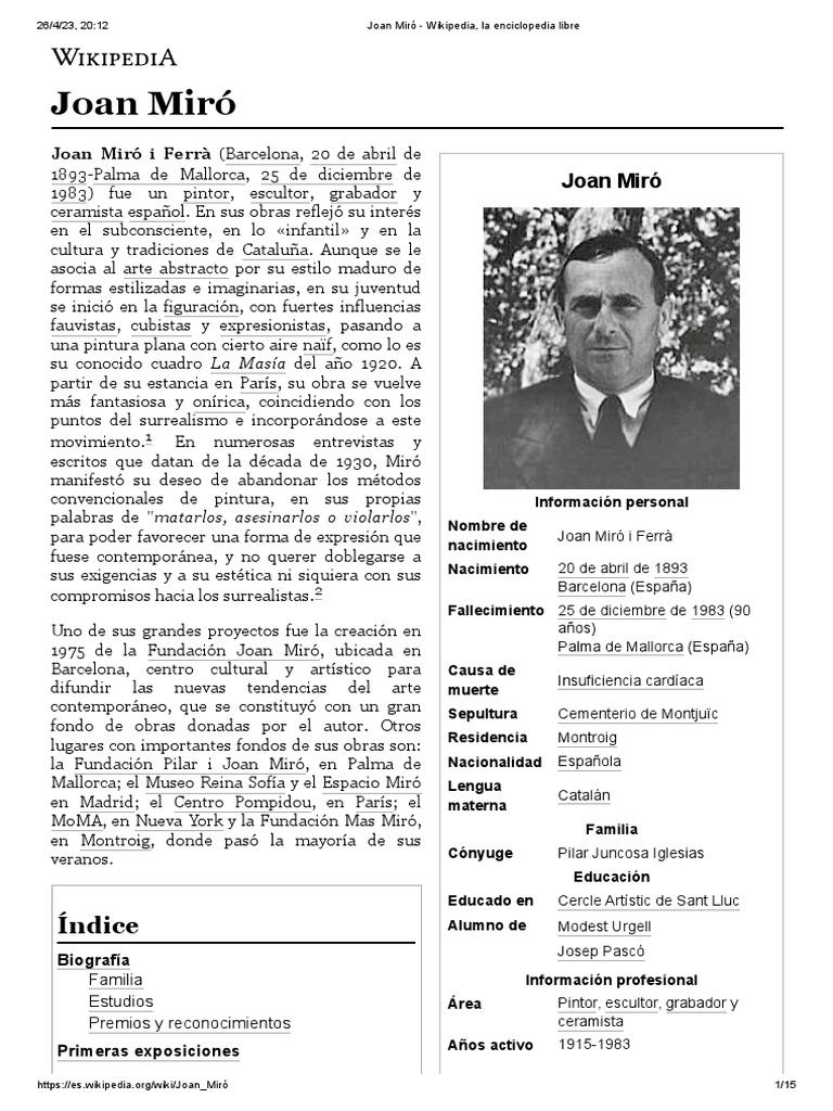 Joan Miró - Wikipedia, La Enciclopedia Libre | PDF | Cubismo