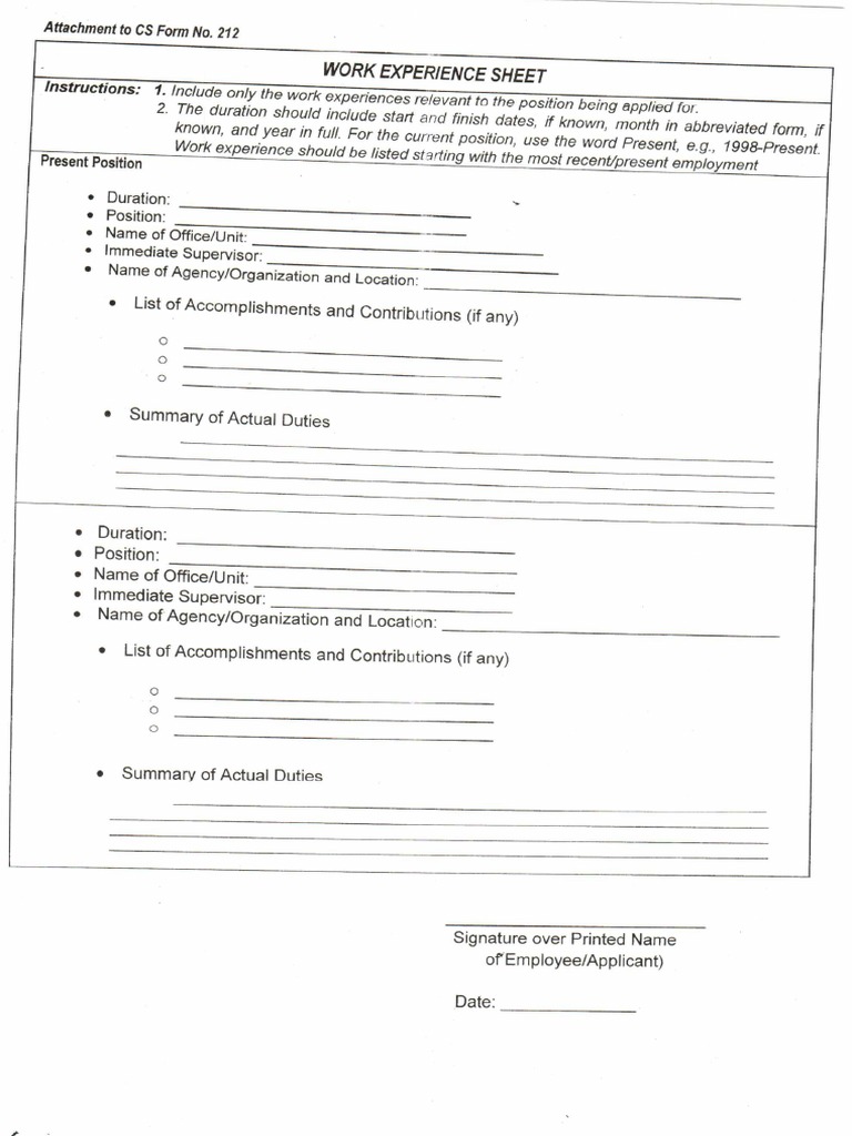 CS Form No. 212 Attachment Work Experience Sheet | PDF