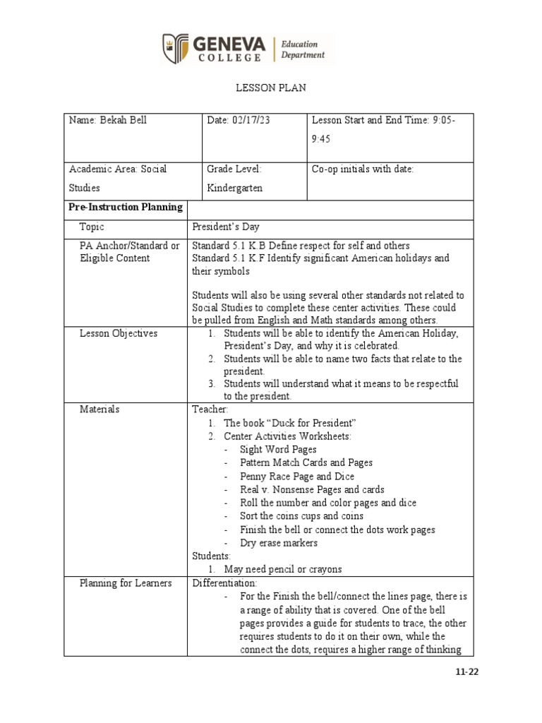 Kindergarten Presidents Day Lesson Plan | PDF | Lesson Plan | Cognitive ...