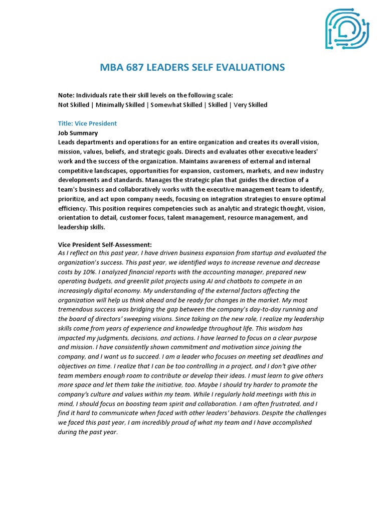 MBA 687 Leaders Self Evaluations | PDF | Leadership | Accounting