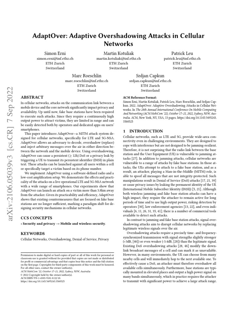 Adaptover: Adaptive Overshadowing Attacks in Cellular Networks | PDF ...