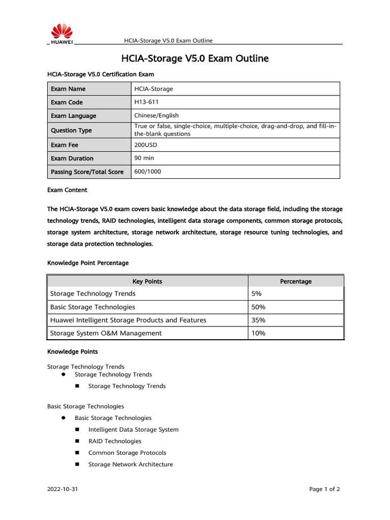 HCIA-Storage V5.0 Exam Outline | PDF | Computing | Information Technology