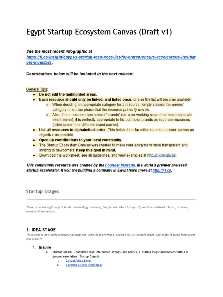Egypt Startup Ecosystem Canvas (Draft v1) | PDF | Startup Company | Small Business & Entrepreneurs