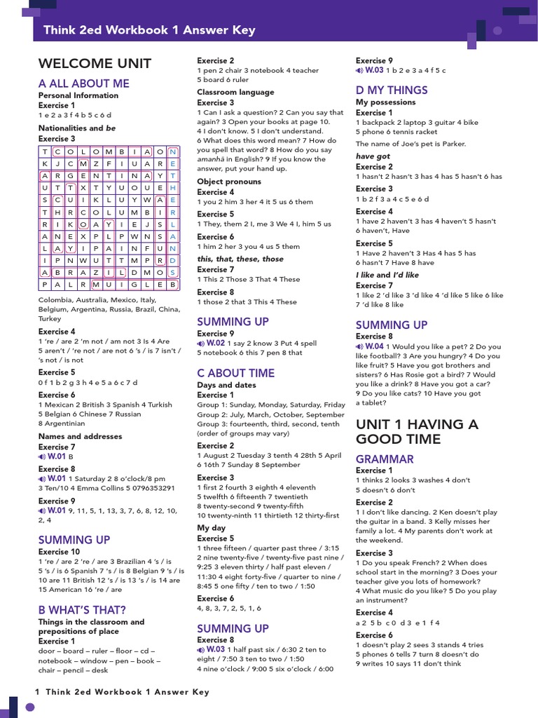 Welcome Unit: Think 2ed Workbook 1 Answer Key | PDF | Foods