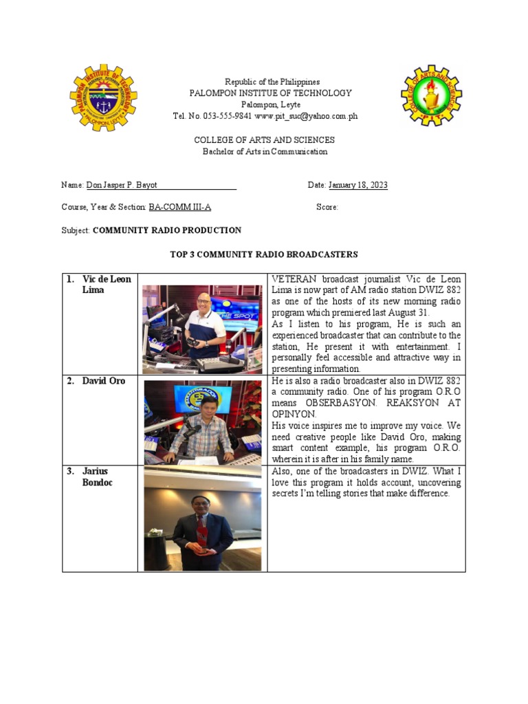 Vic de Leon Lima: Top 3 Community Radio Broadcasters | PDF | Radio Broadcasting | Public Sphere