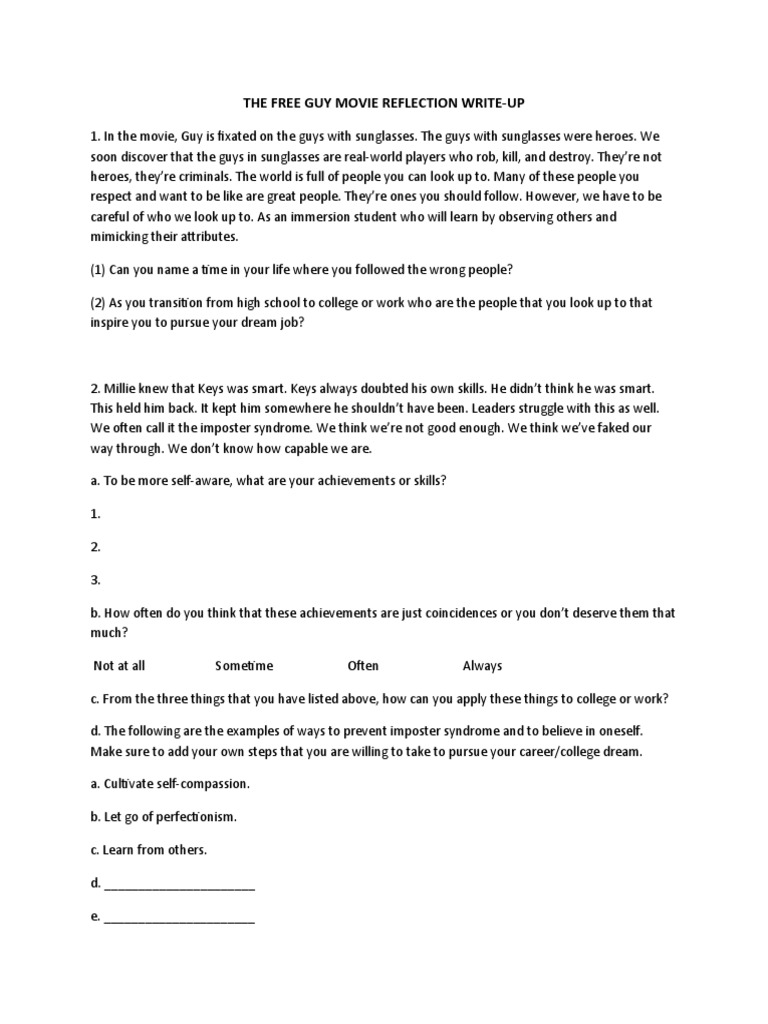 The Free Guy Movie Reflection Write | PDF | Behavior Modification ...