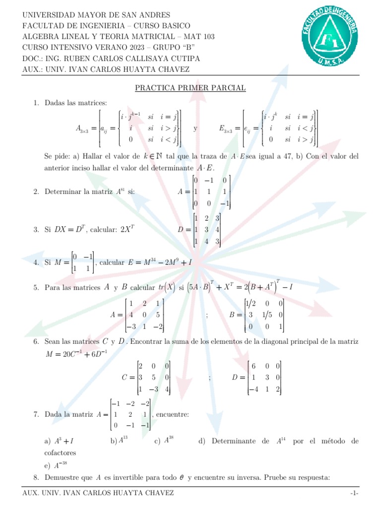 Practica Primer Parcial Mat103 Civ2023 | PDF | Matriz (Matemáticas) | Determinante