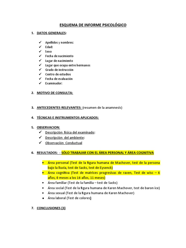 ESQUEMA DE INFORME PSICOLÓGICO para Subir | PDF
