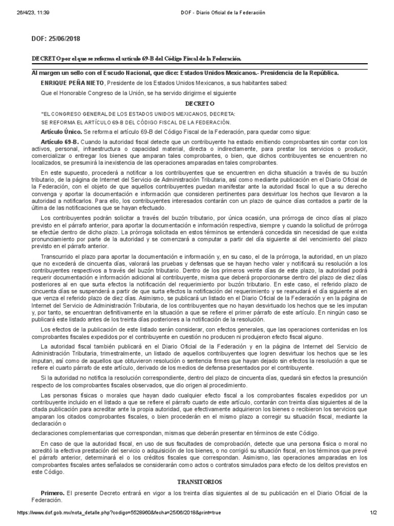DOF - DECRETO Por El Que Se Reforma El Artículo 69-B Del Código Fiscal ...