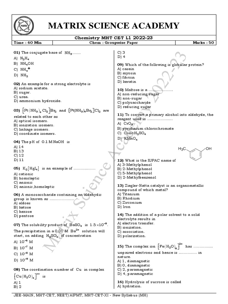 Matrix Science Academy: Chemistry MHT CET L1 2022-23 | PDF