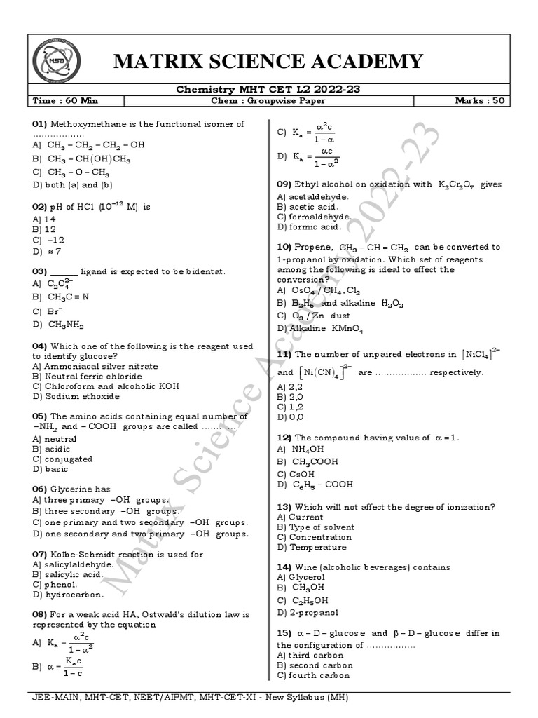 Matrix Science Academy: Chemistry MHT CET L2 2022-23 | PDF | Acid ...