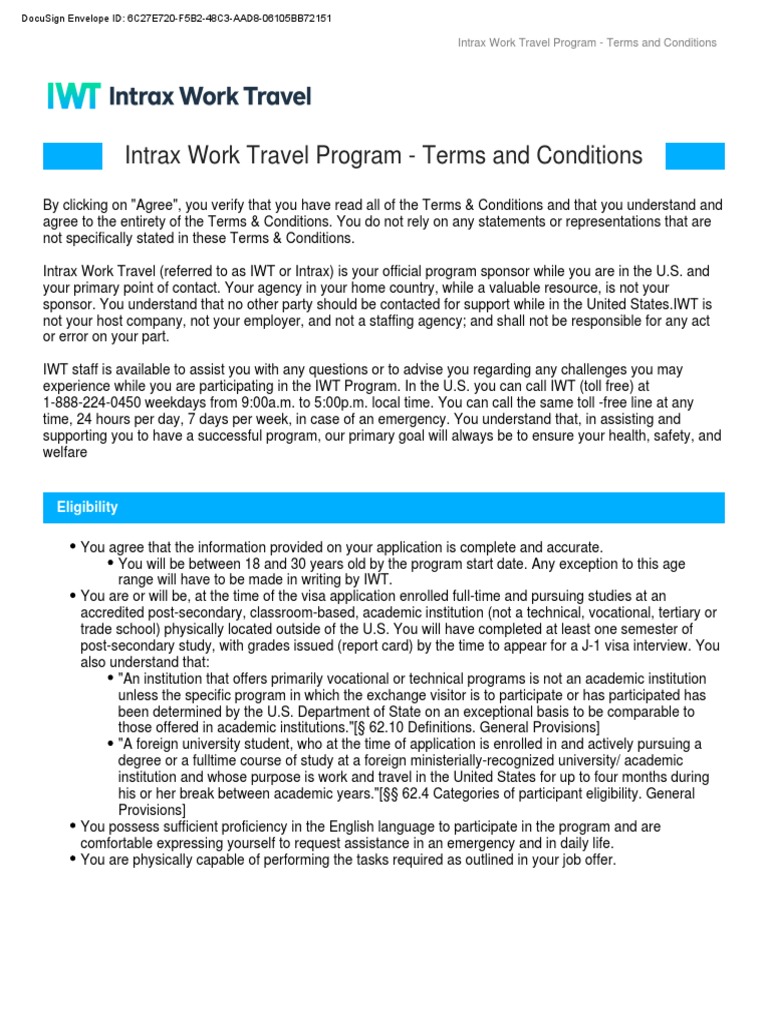 Intrax Work Travel Program - Terms and Conditions: Eligibility | PDF