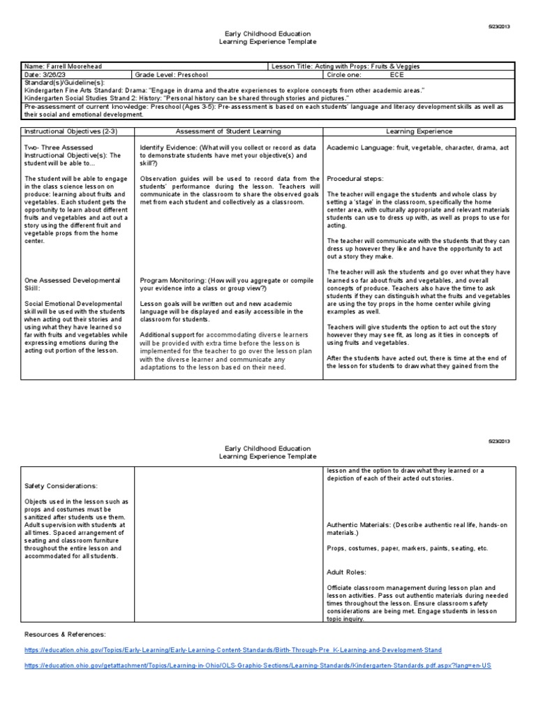Preschool Drama with Fruits & Veggies | PDF | Teachers | Lesson Plan