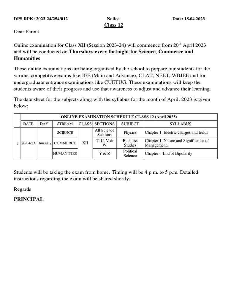 Class 12: DPS RPK: 2023-24/254/012 Notice | PDF