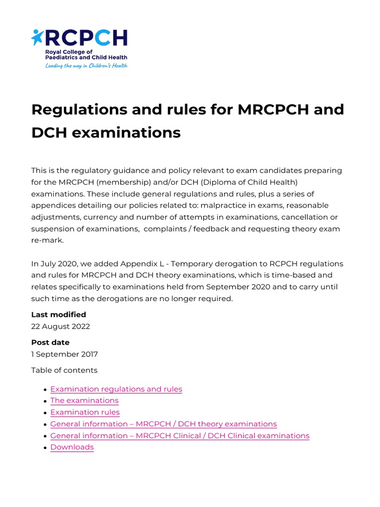 Regulations and Rules For MRCPCH and DCH Examinations | Download Free ...