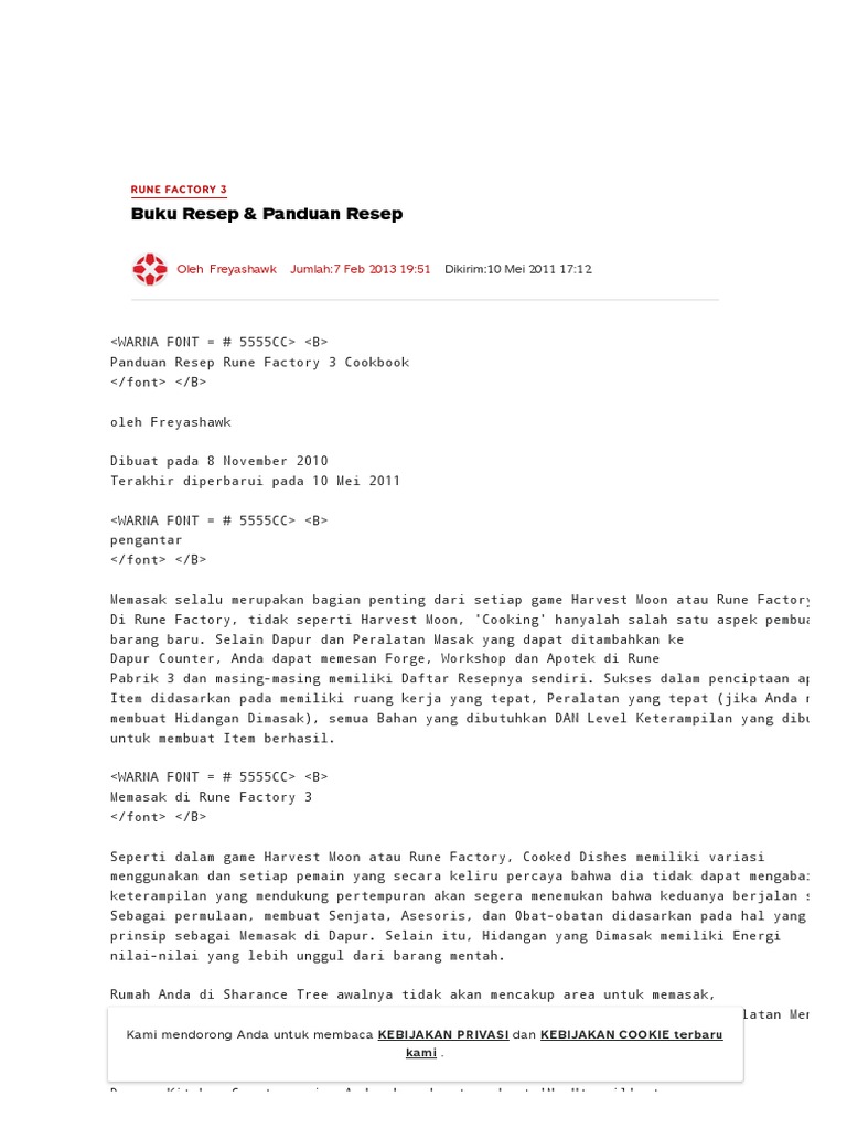 Rune Factory 3 - A Fantasy Harvest Moon - Buku Masak & Panduan Resep - IGN | PDF