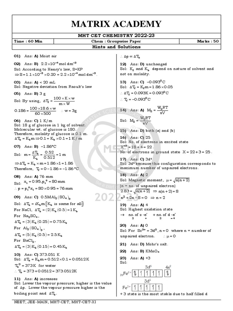 MHT CET CHEMISTRY P2 Sol | PDF | Amine | Chemical Substances