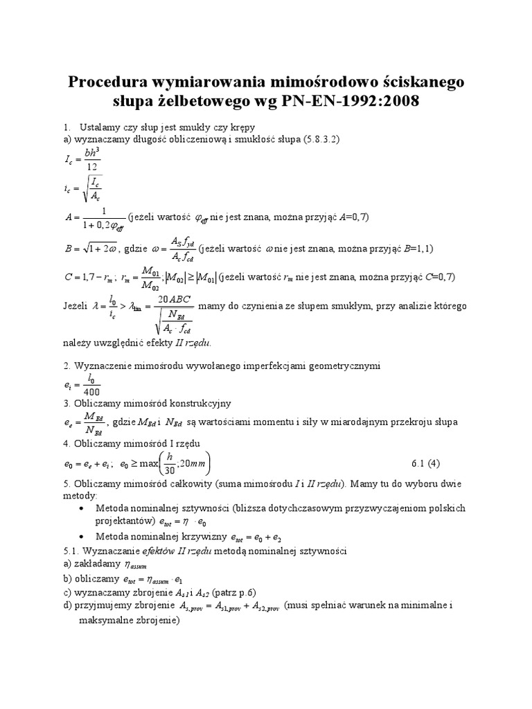 Procedura Wymiarowania Mimośrodowo Ściskanego Słupa Żelbetowego WG PN-EN-1992:2008 | PDF