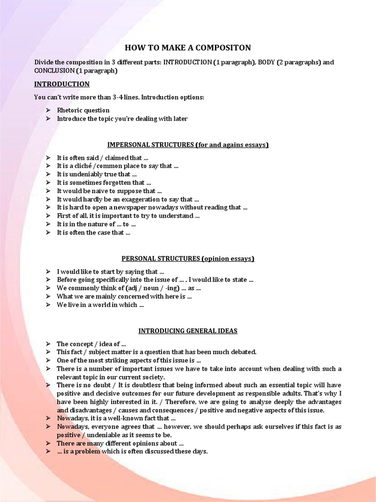 How To Make A Compositon: IMPERSONAL STRUCTURES (For and Agains Essays) | Download Free PDF ...