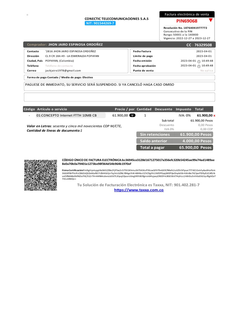 Factura electrónica de servicio de internet fijo para Jhon Jairo ...