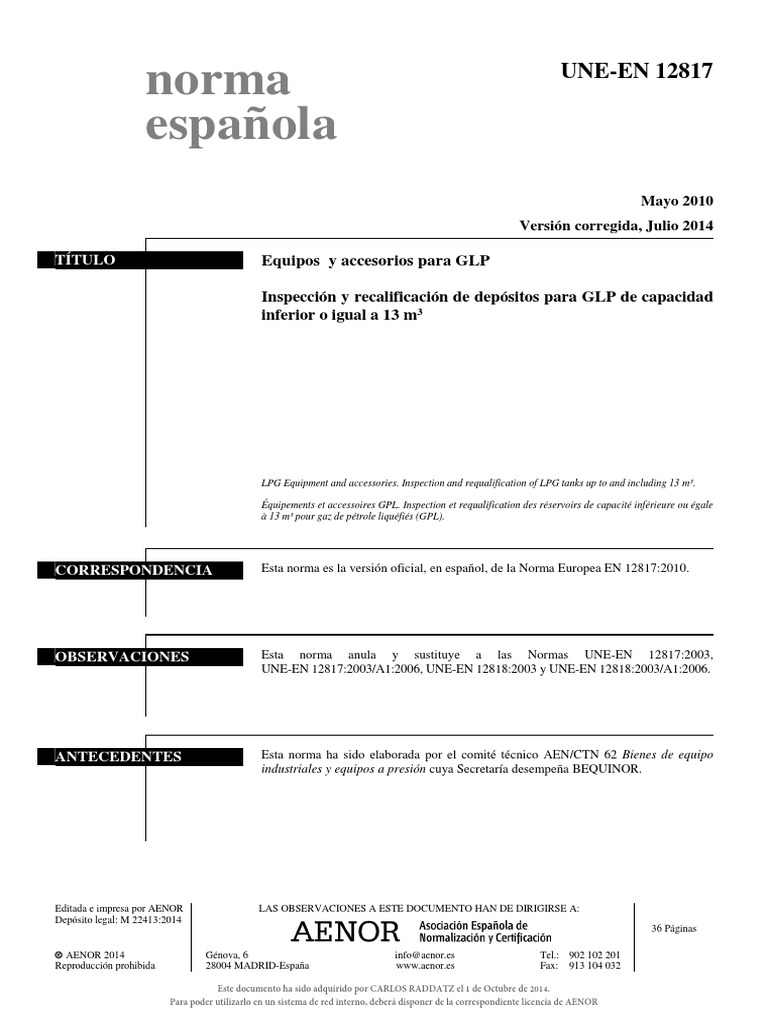 Norma Española: UNE-EN 12817 | PDF | Europa | Ingeniería mecánica