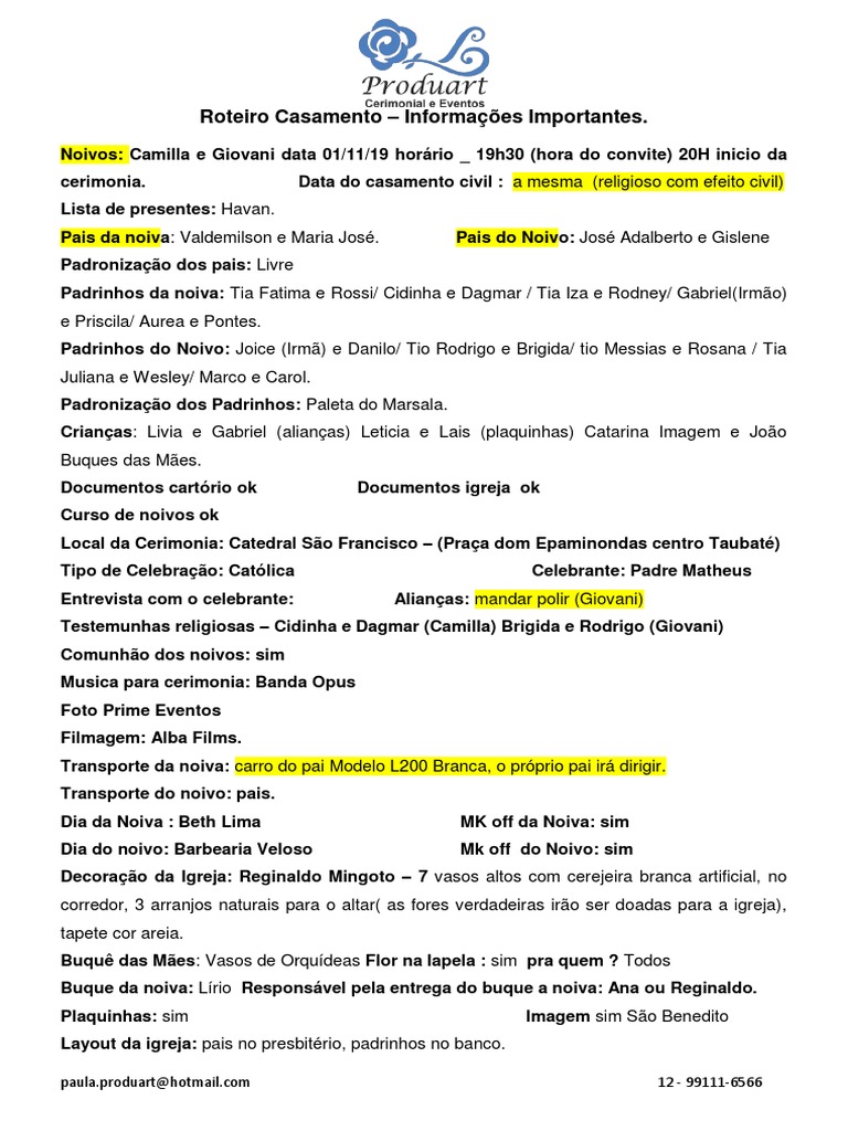 Roteiro Completo para Casamento de Camilla e Giovani | PDF