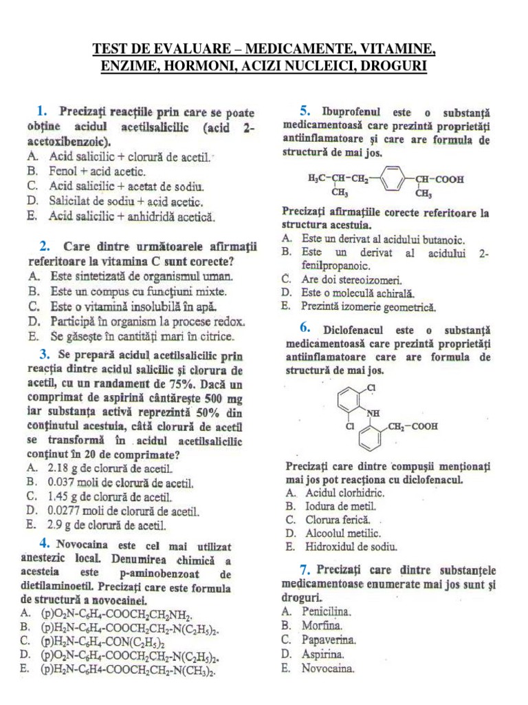 Test - Medicamente-Vitamine-Hormoni-Enzime-Acizi Nucleici-Droguri ...