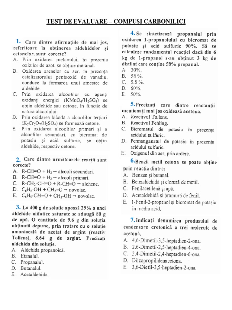 Test Compusi Carbonilici - Pregatire Admitere Medicina - Cluj | PDF