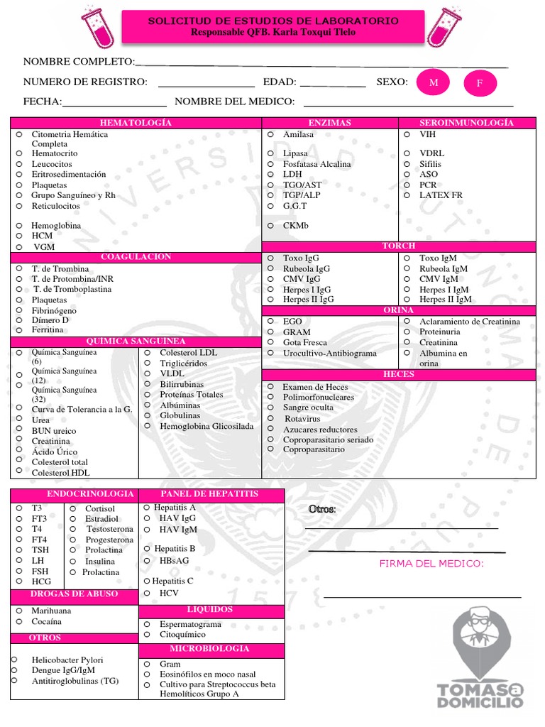 Solicitud de Laboratorio de Analisis Clinicos | PDF | Sangre | Fluidos corporales