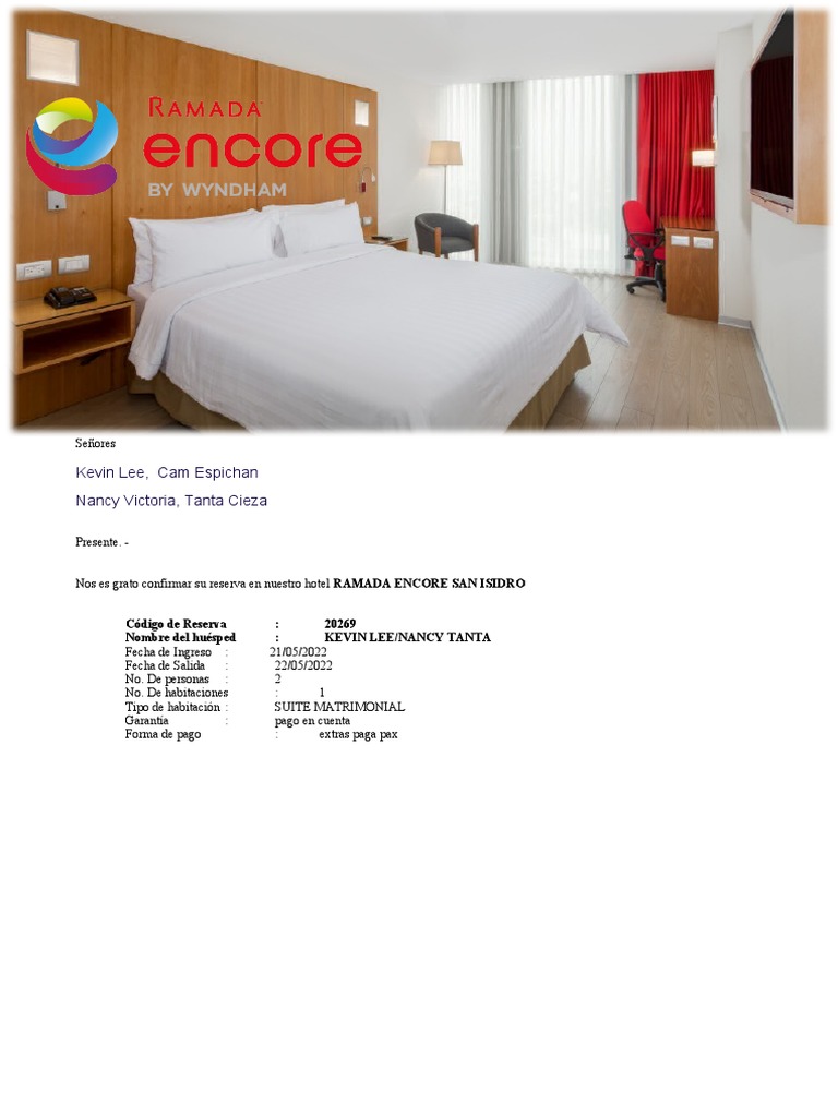 Confirmación de Reserva en Ramada San Isidro | PDF