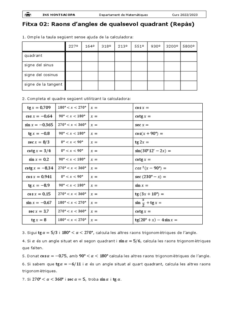 Fitxa 02: Raons D'angles de Qualsevol Quadrant (Repàs) | PDF