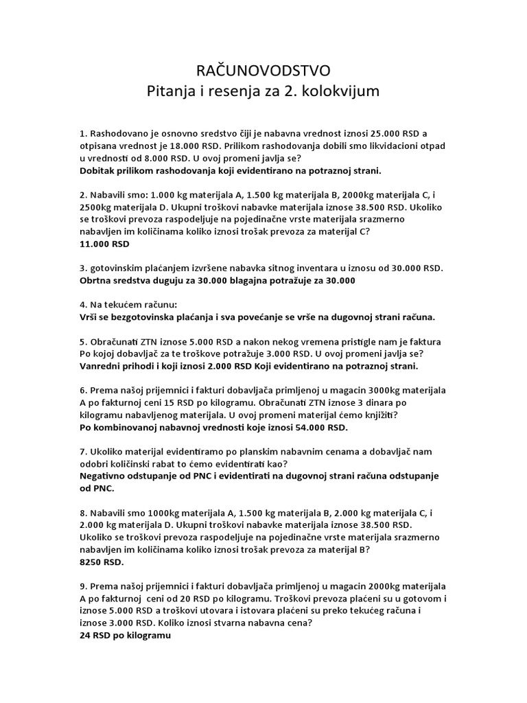 RAČUNOVODSTVO Pitanja I Odgovori Za 2. Kolokvijum | PDF