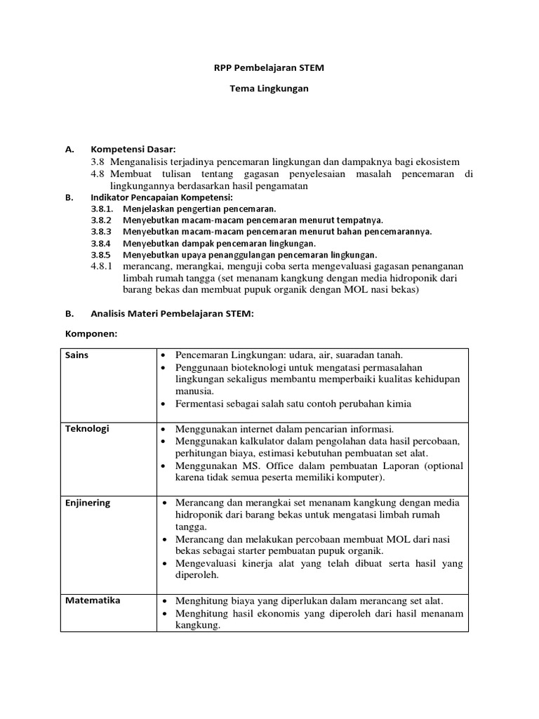 RPP Pembelajaran STEM Tema Lingkungan: B. Indikator Pencapaian Kompetensi | PDF | Karier ...