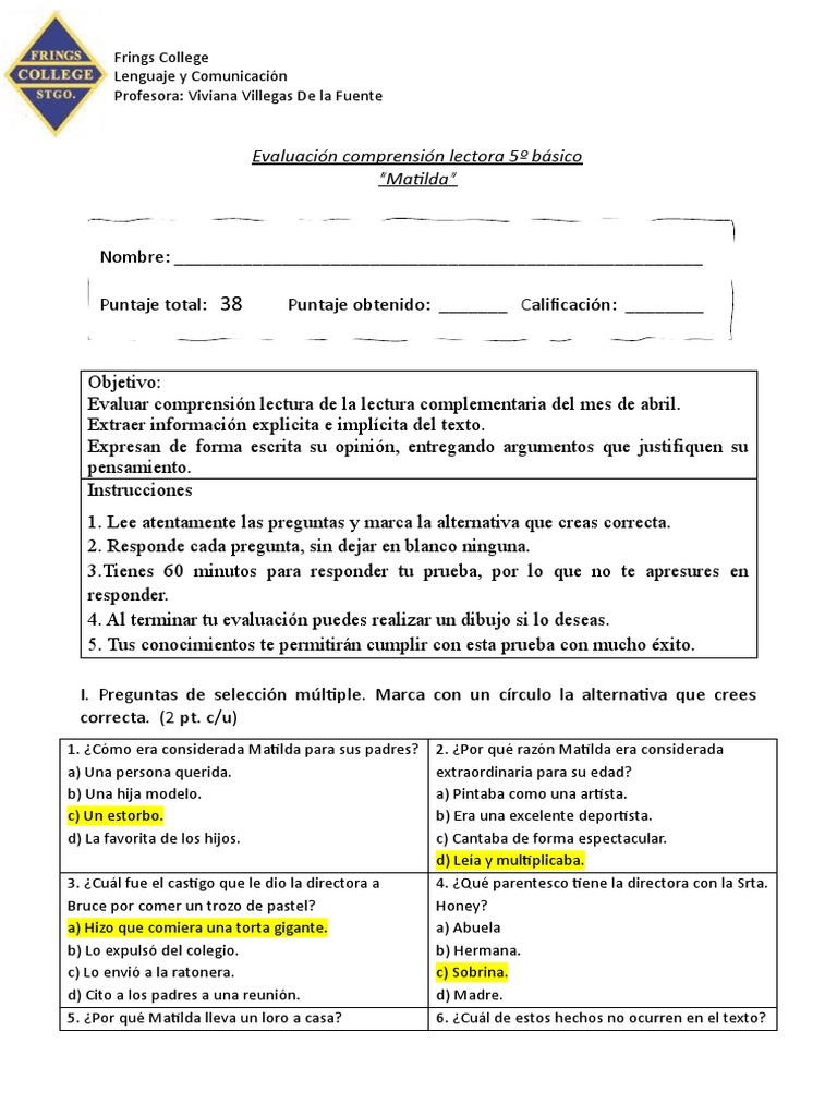 5to Básico - Matilda - Respuestas | PDF