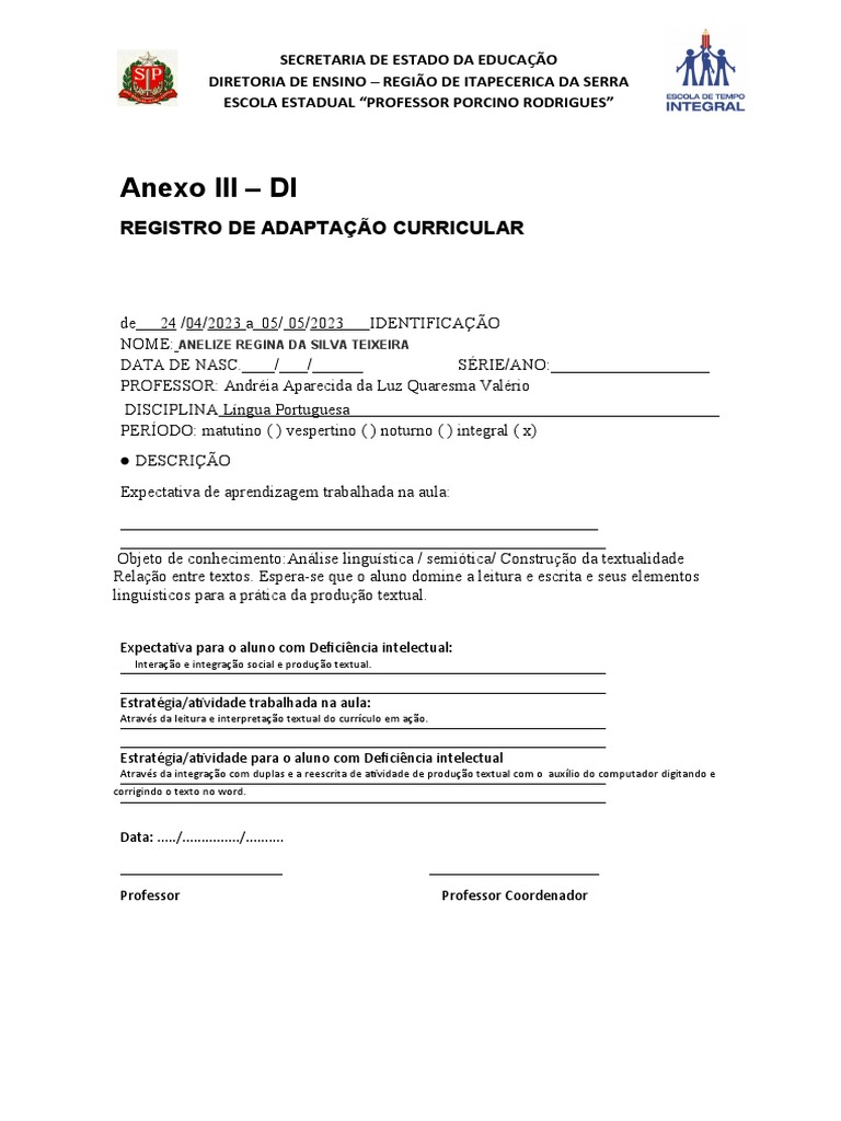 ANEXO III - EDUCAÇÃO ESPECIAL - 2023 Anelize 2 Bimestre | PDF