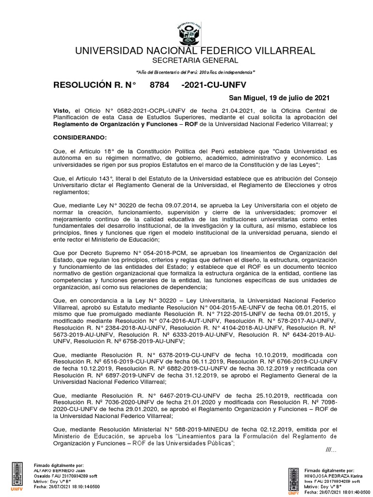 R. R 8784-2021-UNFV Nuevo ROF UNFV 2021 | PDF | Universidad | Regulación