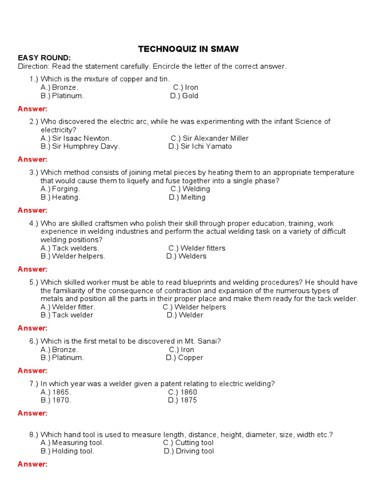 Post Test in Smaw Technolympics | PDF | Technology & Engineering