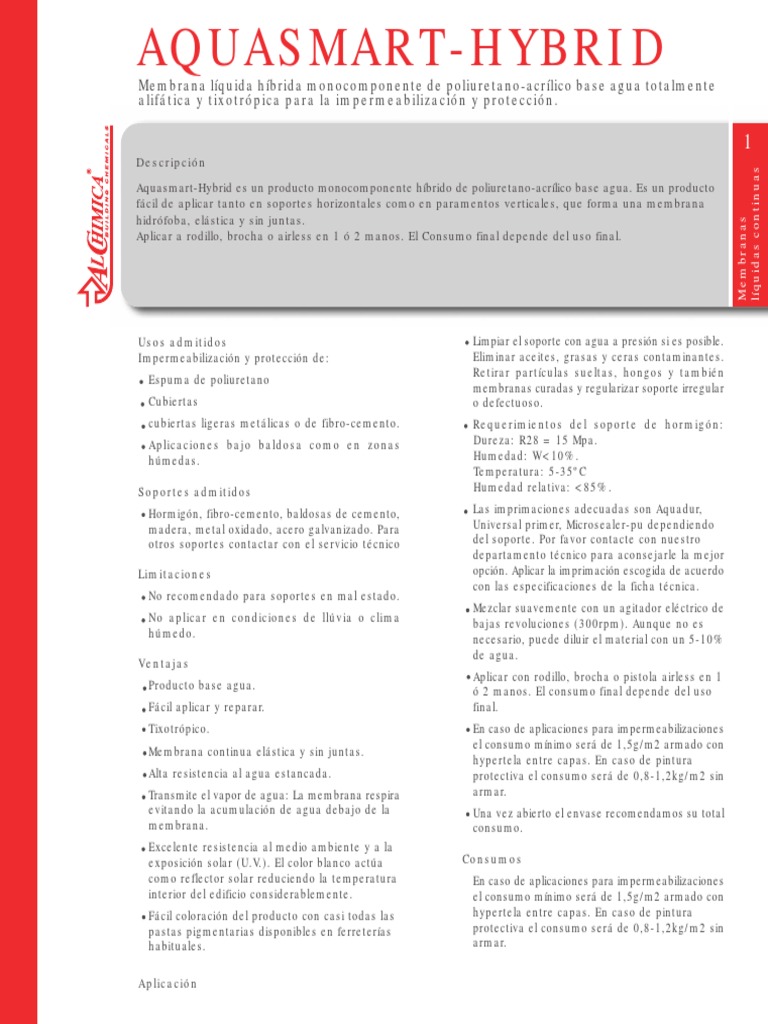 Ficha Tecnica Aquasmart Pu Hybrid | PDF | Agua | Loseta