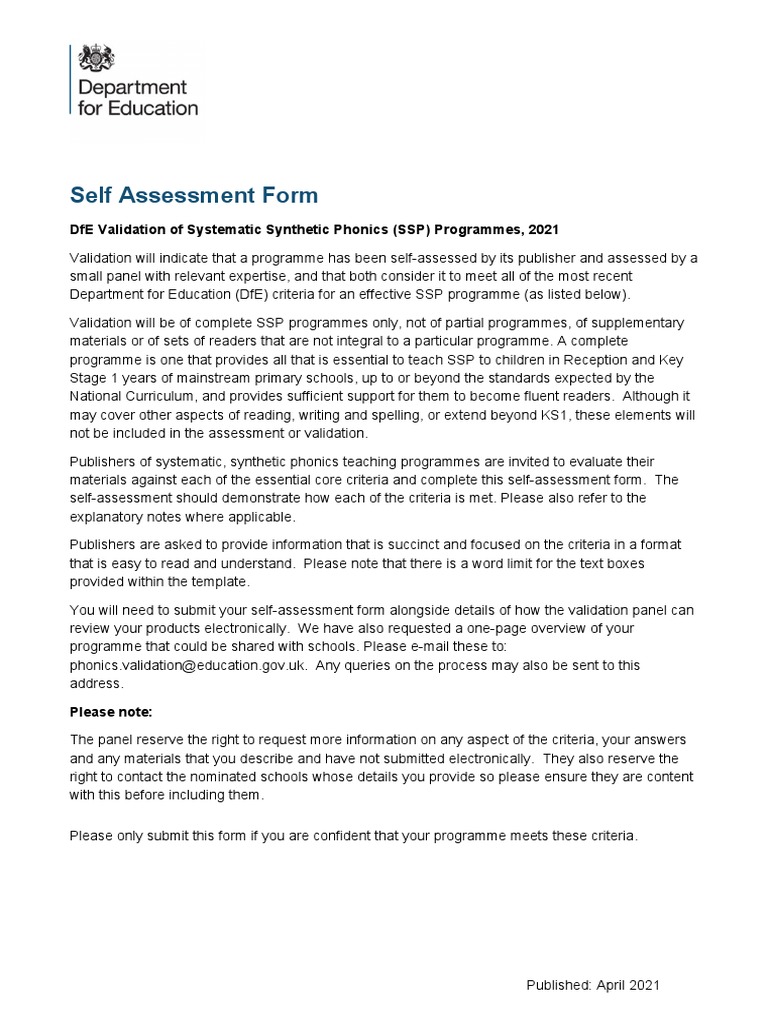 Self Assessment Form: Dfe Validation of Systematic Synthetic Phonics (SSP) Programmes, 2021 ...