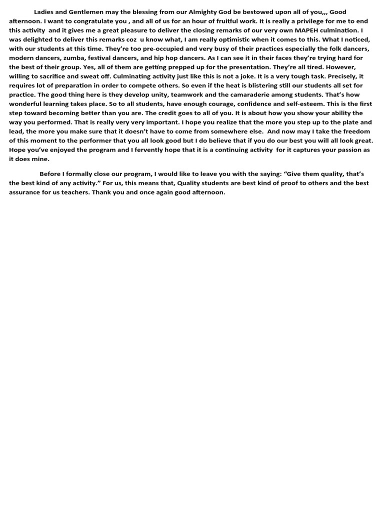 Closing Remarks MAPEH Culmination | PDF | Career & Growth | Self ...