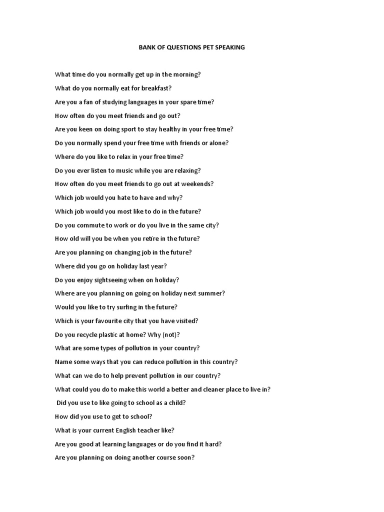 PET Speaking Test Question Bank | PDF | Candy | Food And Drink
