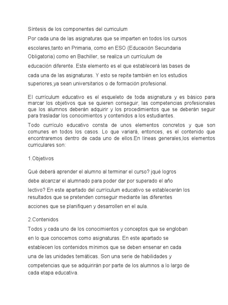 Síntesis de Los Componentes Del Curriculum | Descargar gratis PDF ...