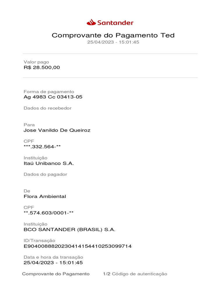 Comprovante de pagamento via TED no valor de R$28.500,00 realizado em 25/04/2023 pela Flora ...