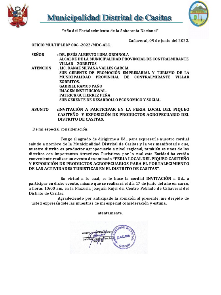 Invitacion A Muncipalidad Distrital de Cont. Villar | PDF | Cocina ...