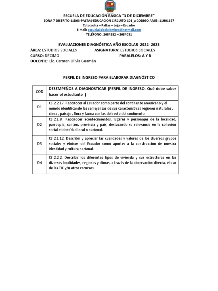 Eval. Diag. 10mo. Grado 2023 | PDF | Ecuador