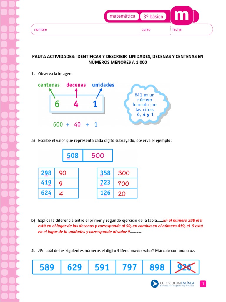 Identificar y Describir Unidades Decenas y Centenas en Numeros Menores ...